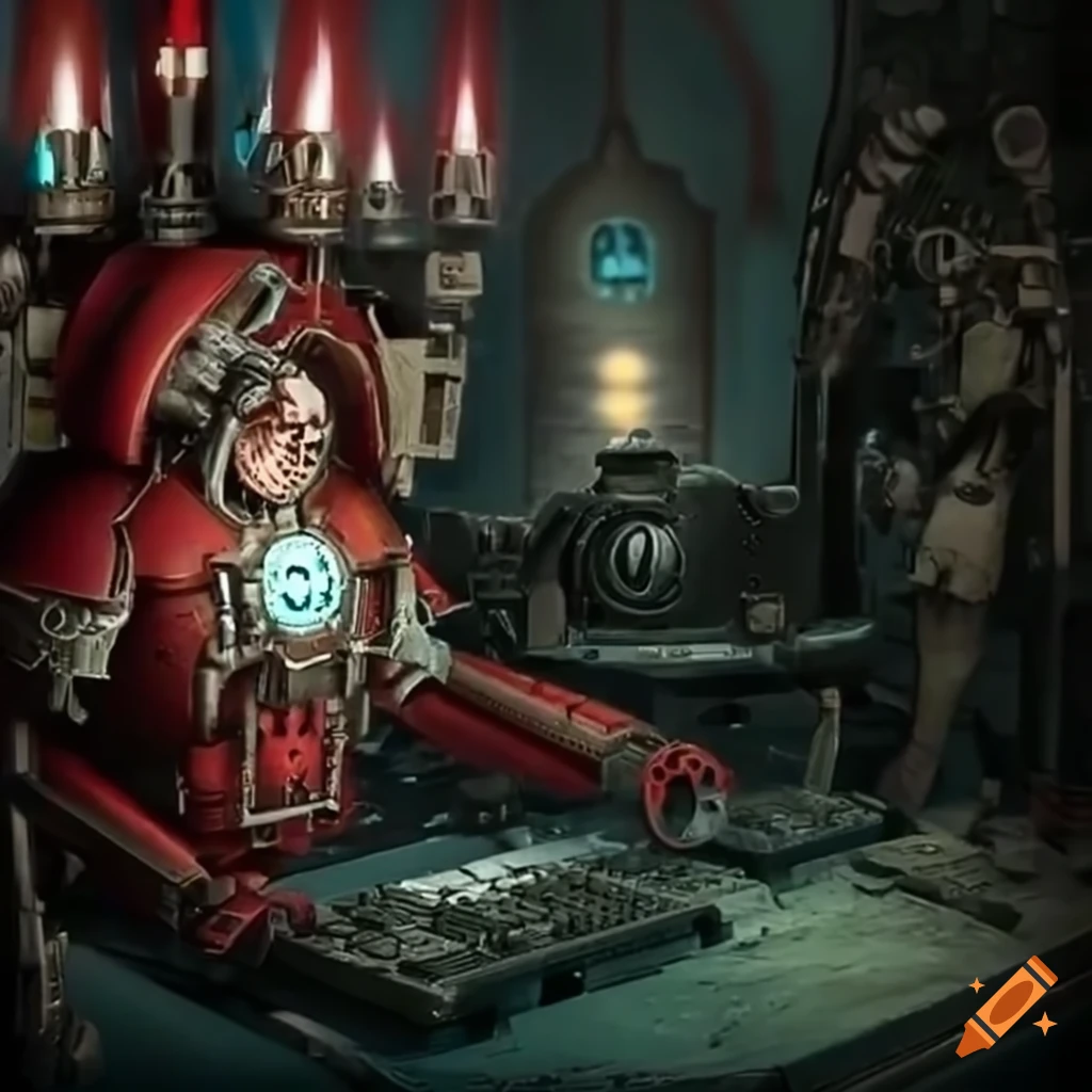Image of adeptus mechanicus priest uncovering a computer case on Craiyon