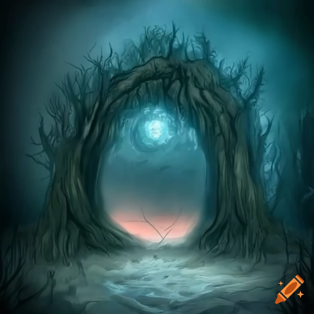 Art of a tree portal representing escapism on Craiyon