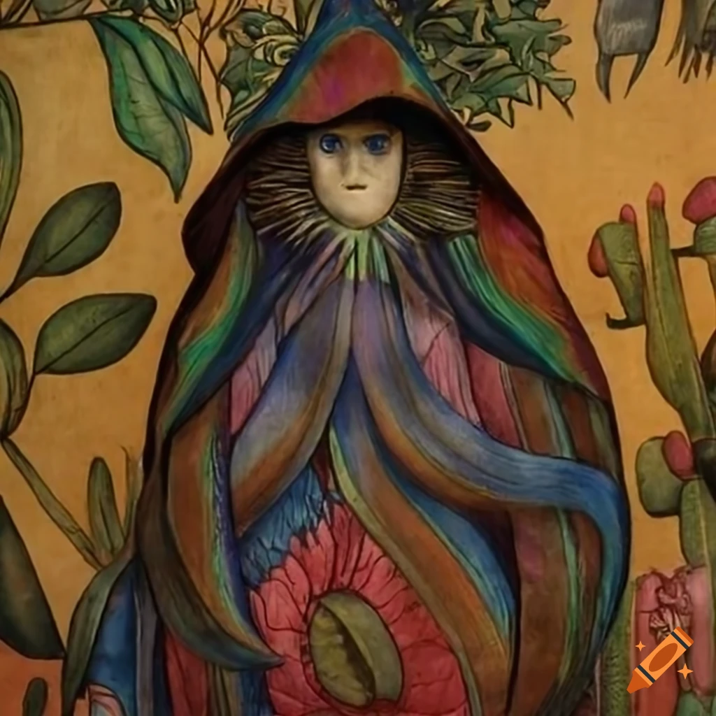 Illustration of a raven wearing a colorful hooded cloak in a forest garden