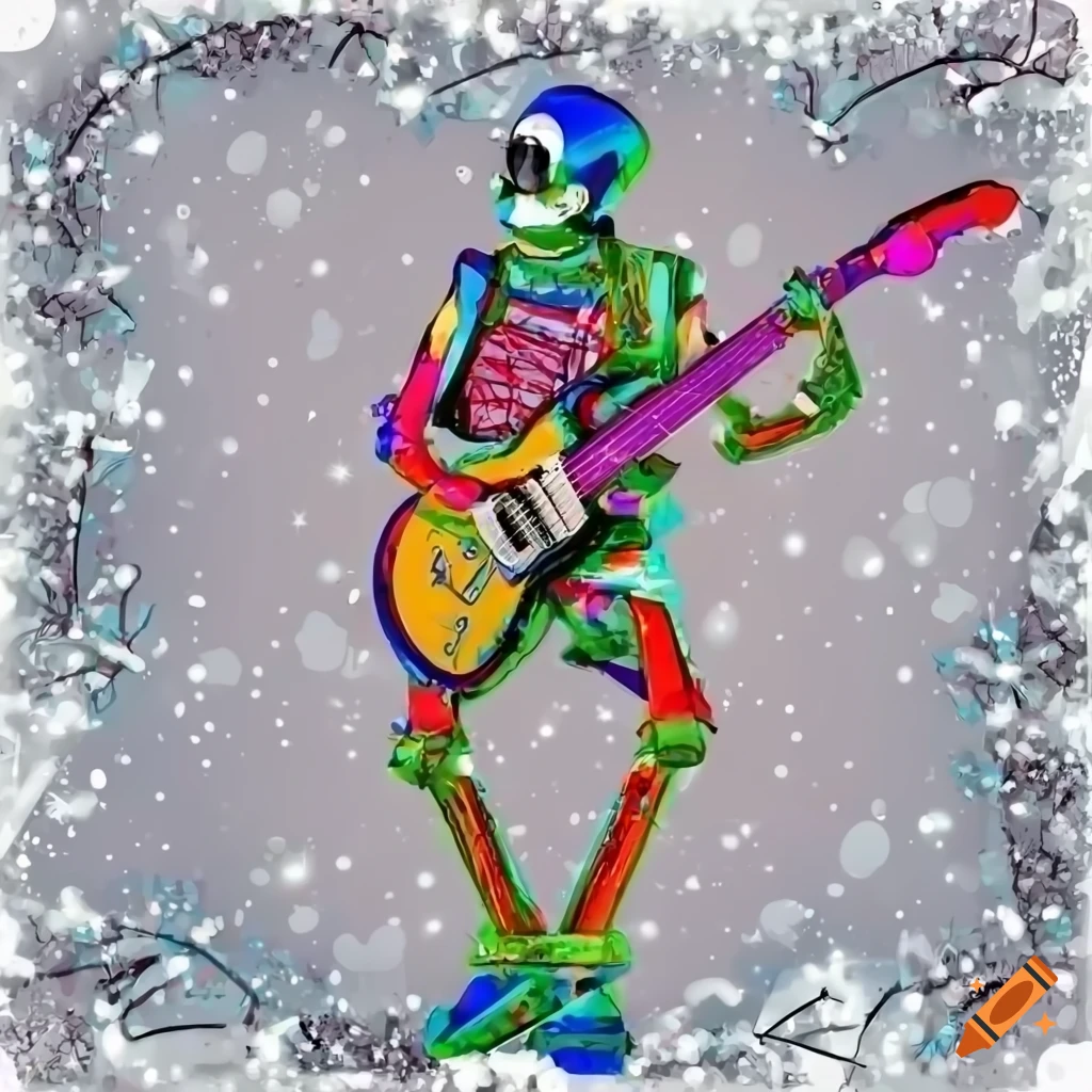 Artistic depiction of a punk skeleton playing electric guitar in a ...
