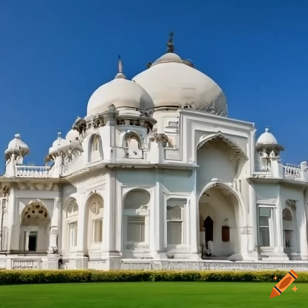 Frontal view of the Mahal White House in Mediterranean architectural style on Craiyon