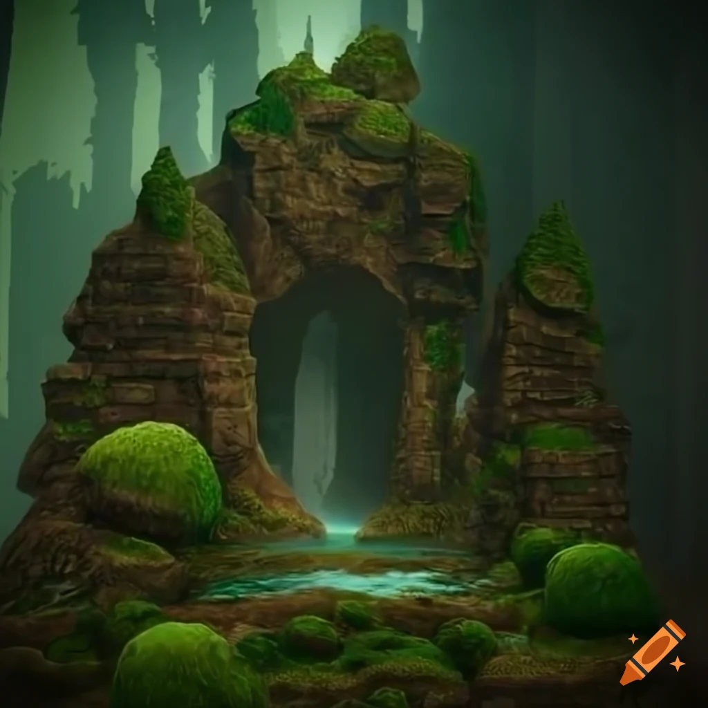 Overhead view of a moss-covered stone forest ruins in a fantasy rpg game on Craiyon