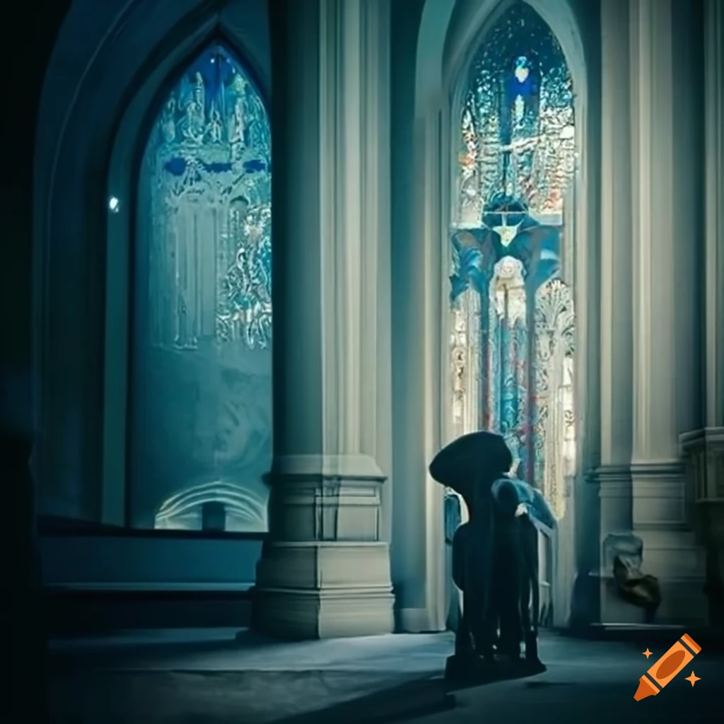 Human figures sitting in church pews surrounded by glowing mist and ...