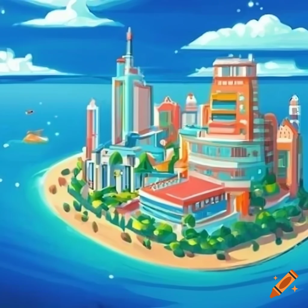 Dessin d'une île paradisiaque avec une cité colorée et animée on Craiyon