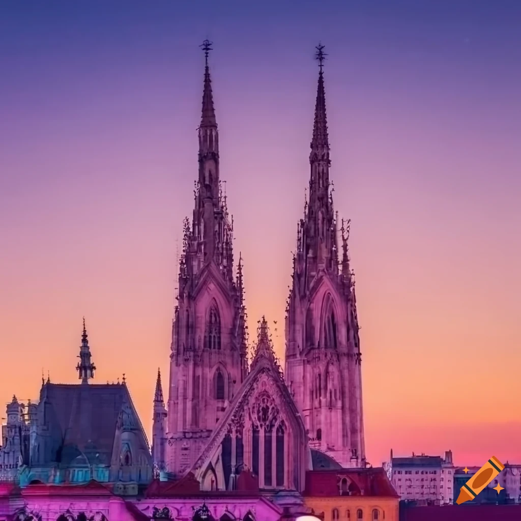 Pink sunset over a gothic cathedral in a european city