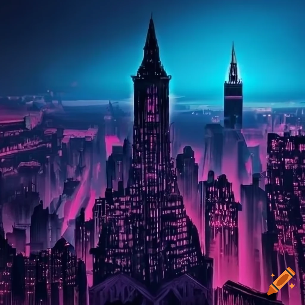 Neon gothic cityscape at night