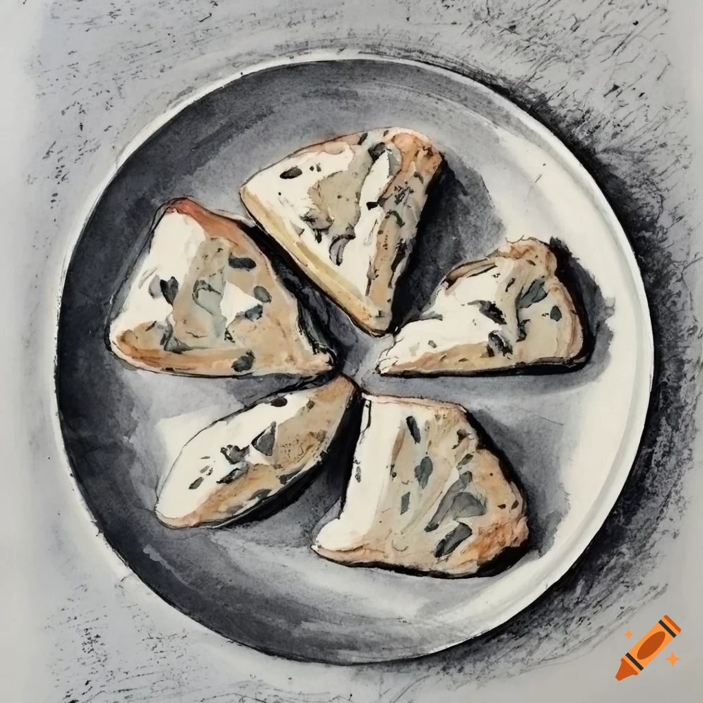 Watercolor drawing of scones on a vintage aluminum plate