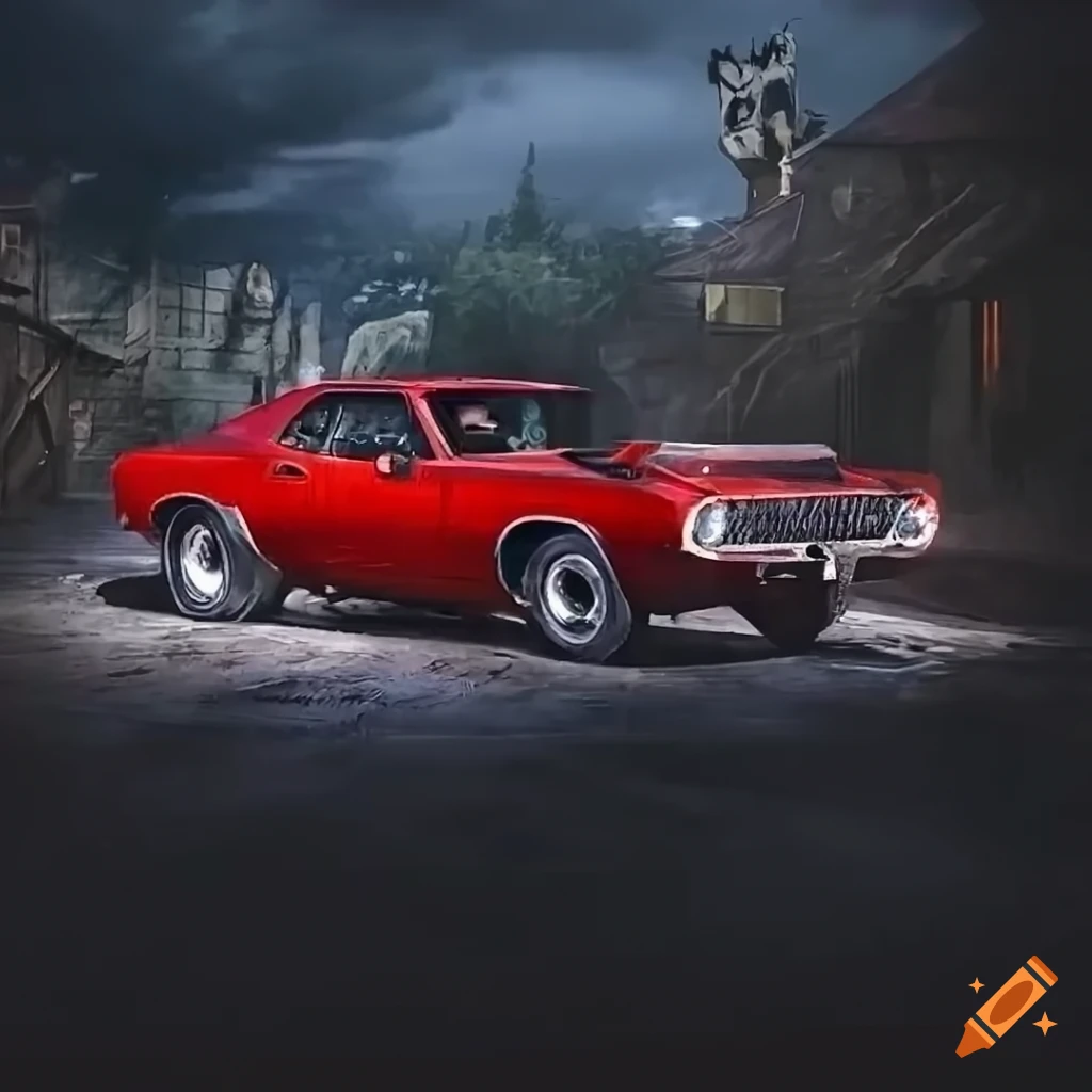 Highly detailed horror scene with a red Plymouth Cuda driving through a ...