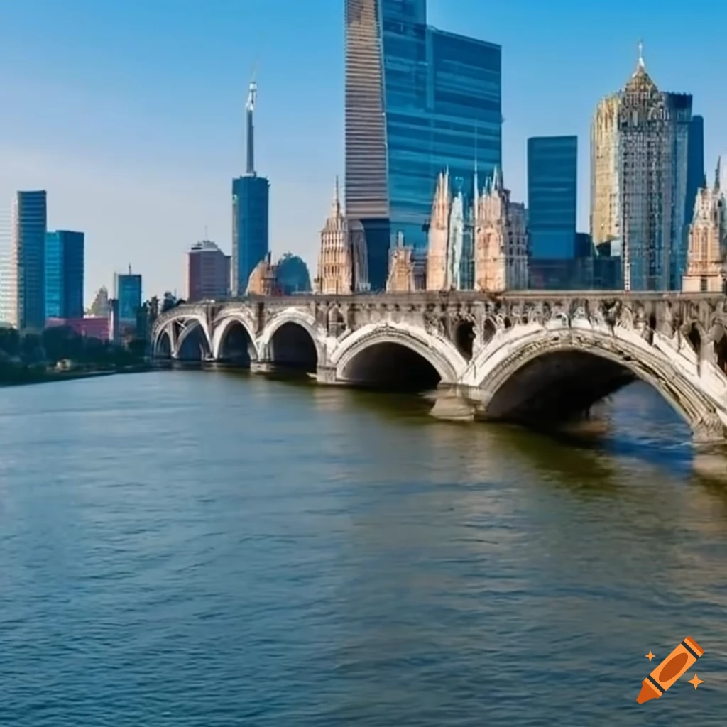 Neo gothic arch bridge in a modern city with skyscrapers on Craiyon
