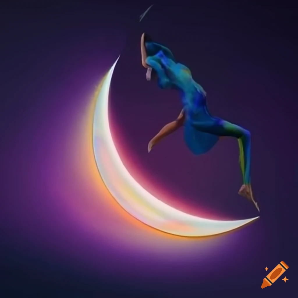 Abstract art of an acrobat hanging from a half moon on Craiyon