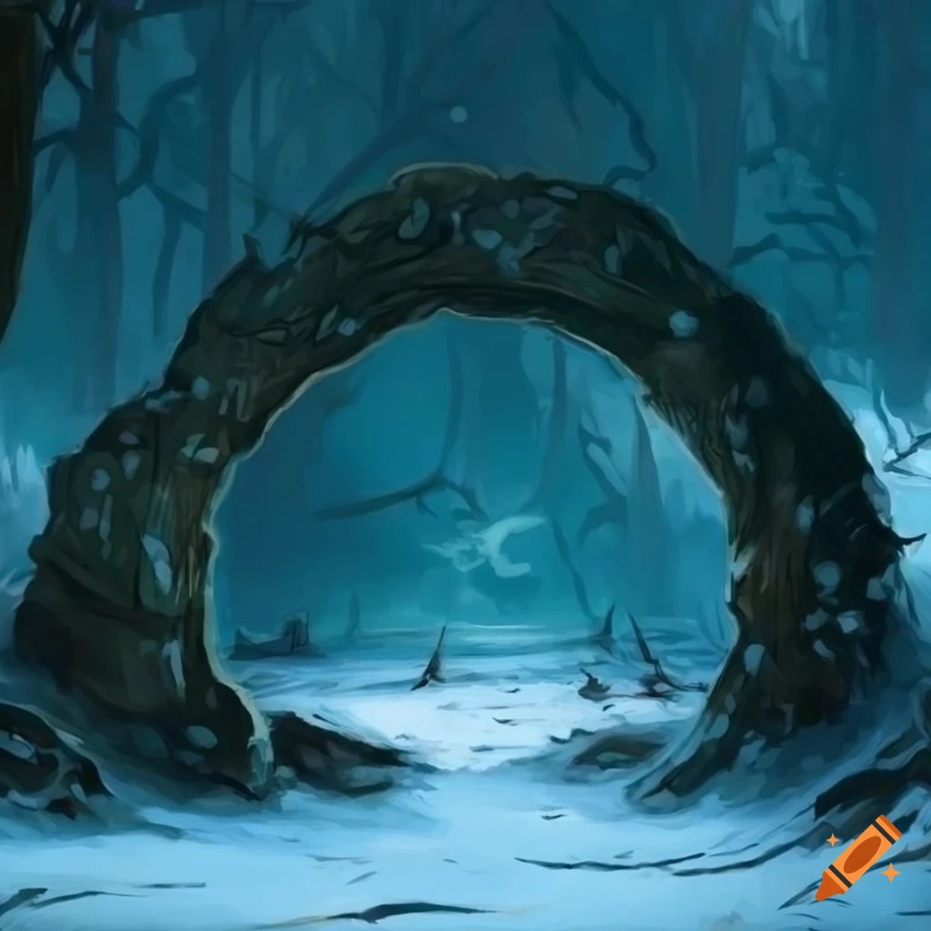 Magic the gathering illustration of a snowy landscape with stone arches