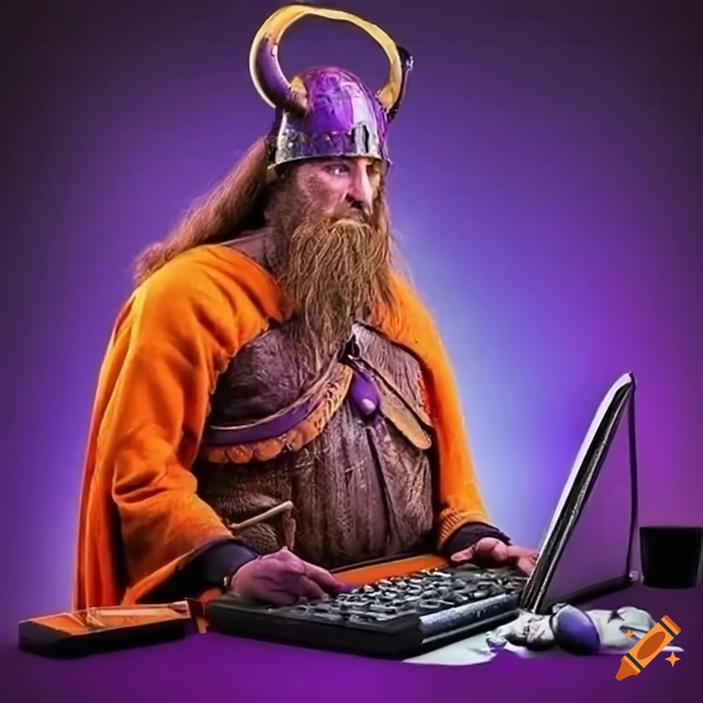 Viking writing an essay on a computer