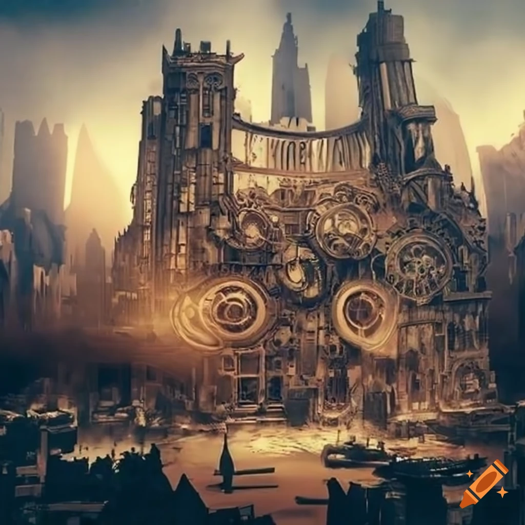 Image of a futuristic steampunk city with gears on Craiyon