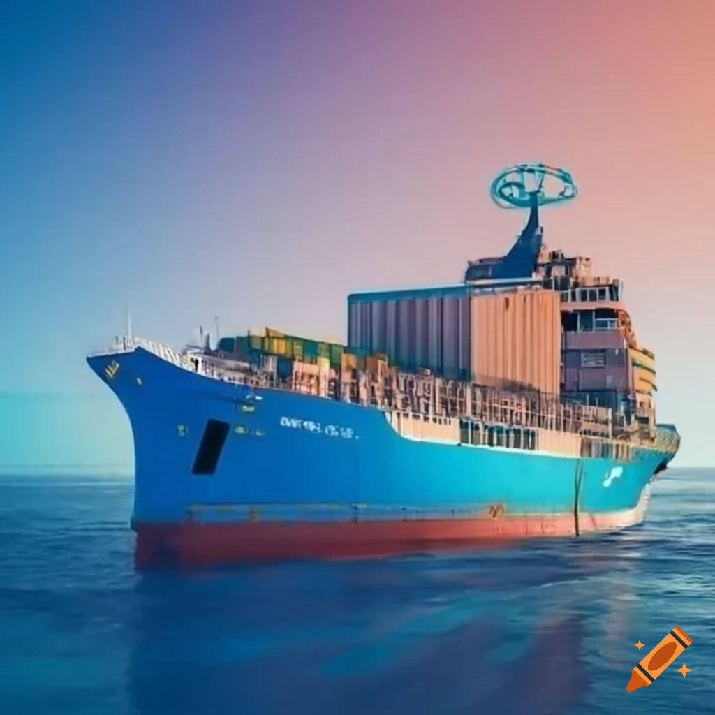 Containers being transferred between ships with kubernetes logo on Craiyon