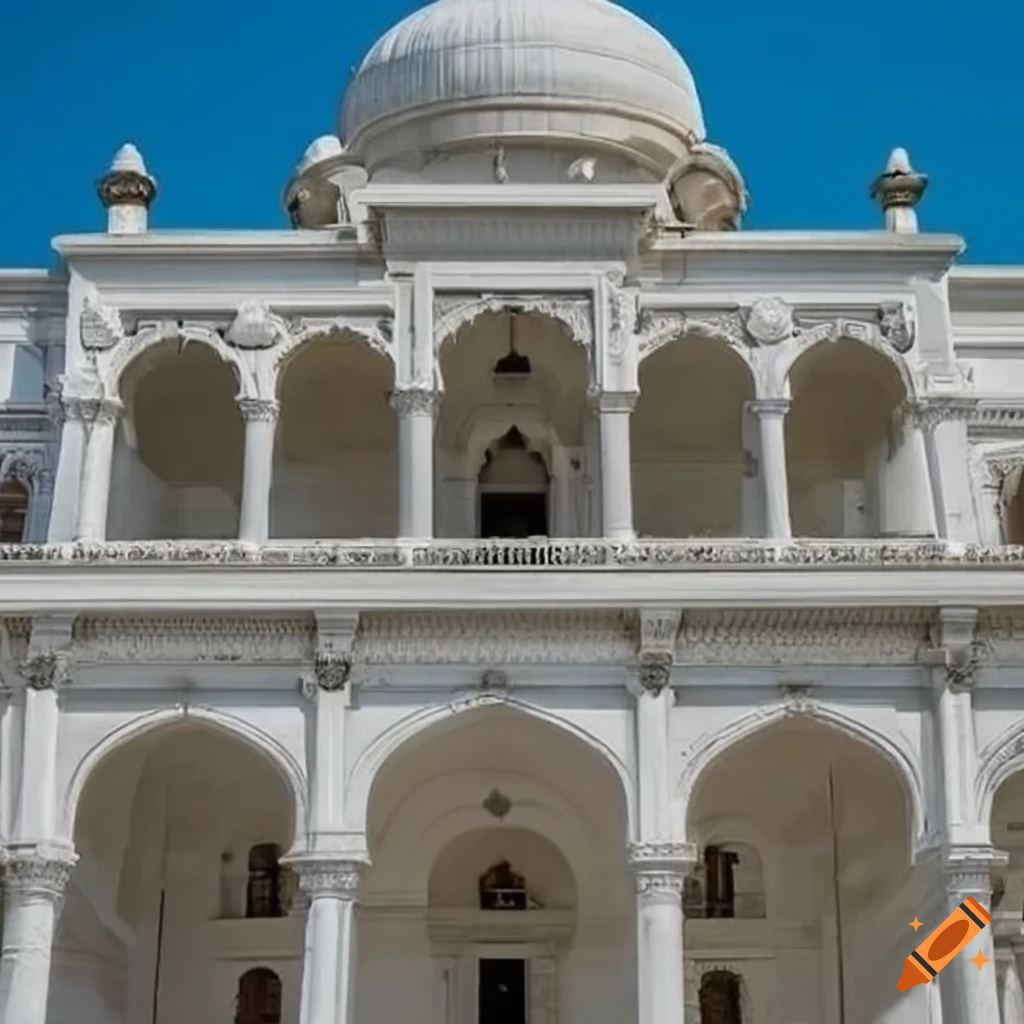 Full frontal view of mahal white house in mediterranean architectural style