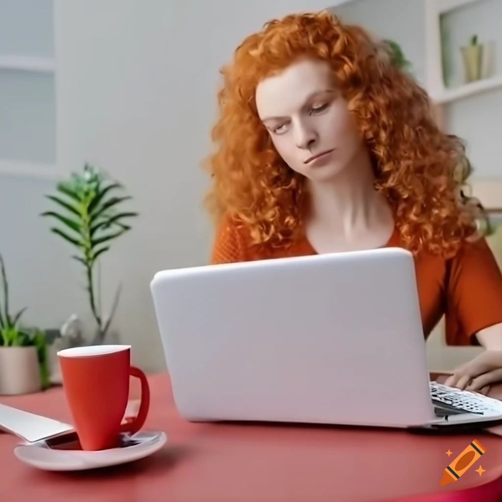 Woman reading document at desk with laptop, file, plant, and mug