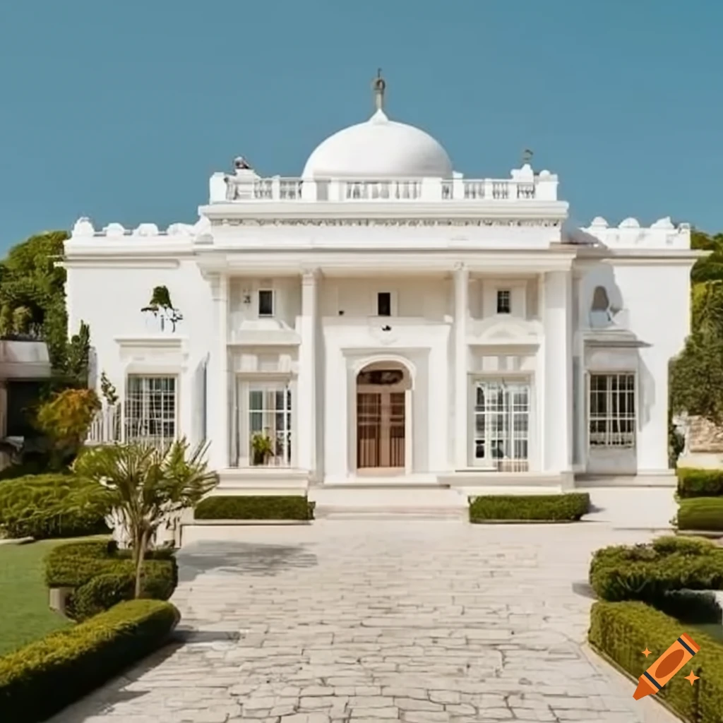Full frontal view of mahal white house in mediterranean architectural style