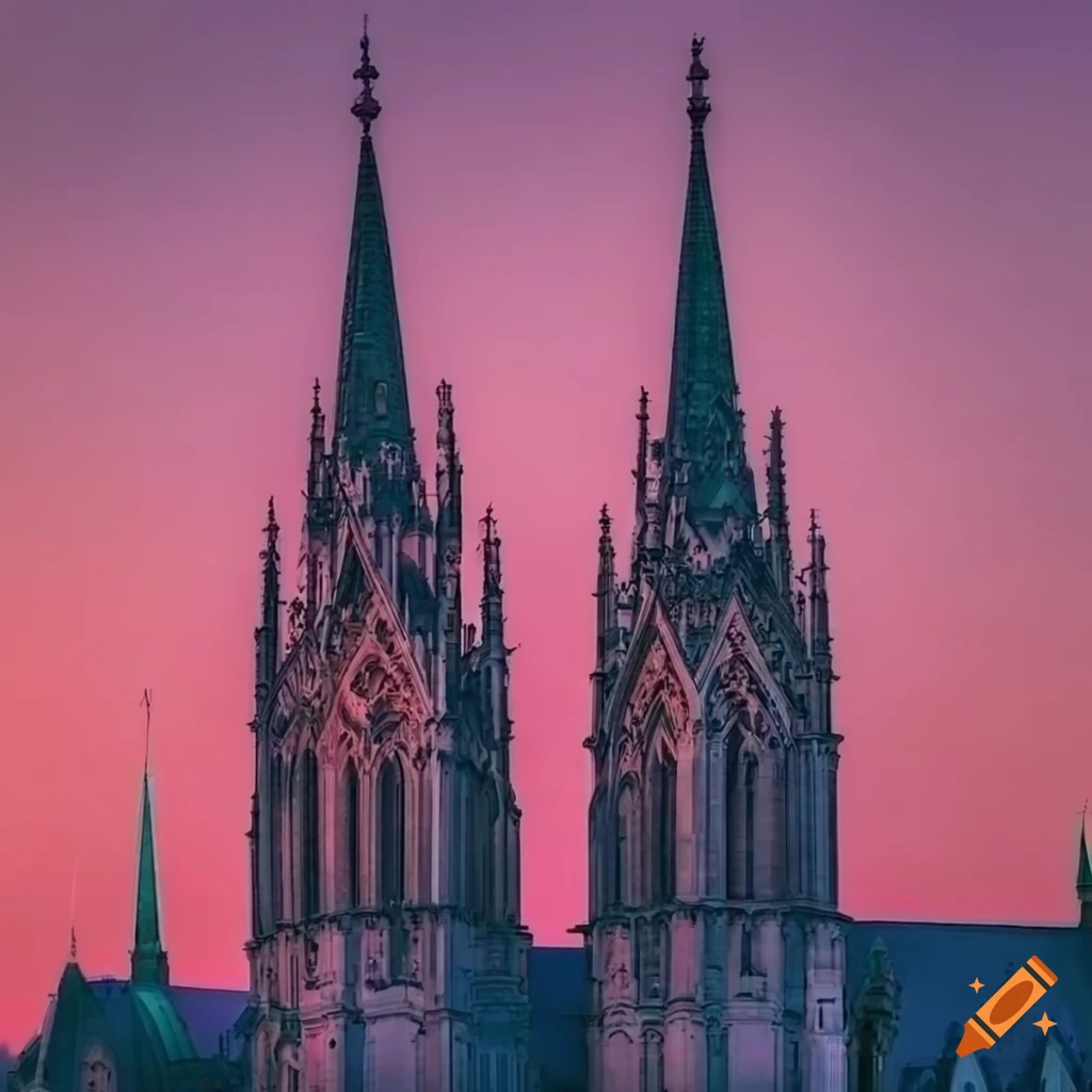 Beautiful gothic cathedral in a pink sunset on Craiyon