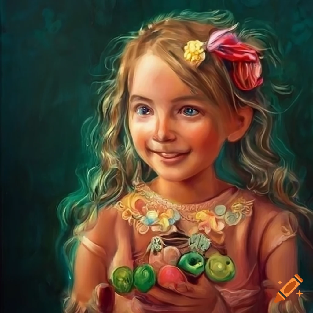 Oil painting of smiling dressed girls with unique embellishments on Craiyon