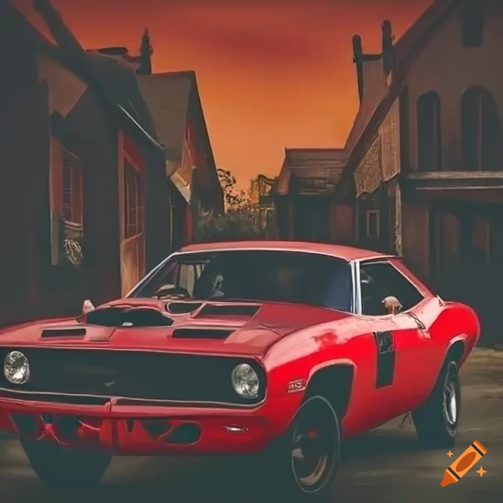 Horror-themed artwork of a red Plymouth Cuda driving through a haunted ...