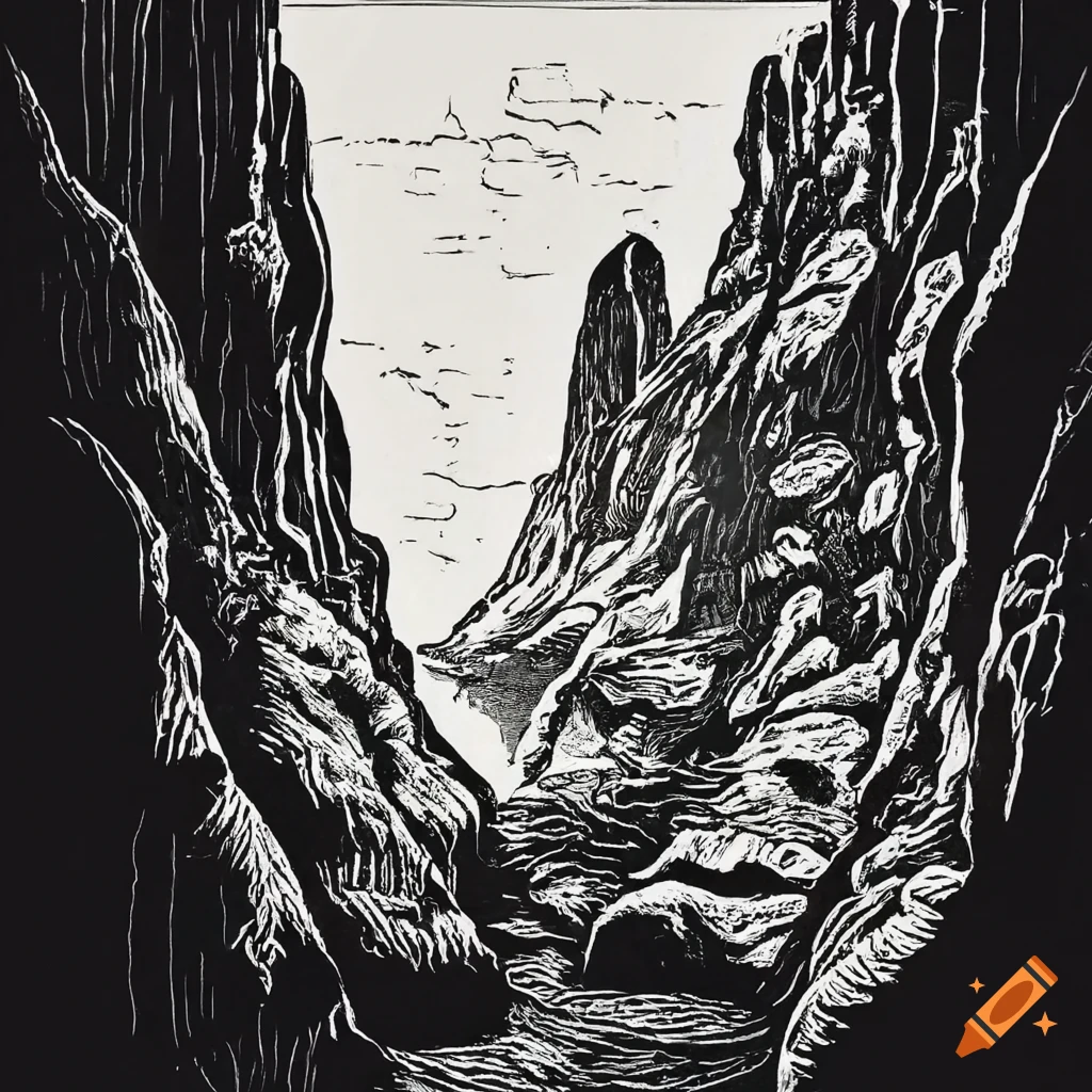 Black and white woodcut of a distant cavernous chasm on Craiyon
