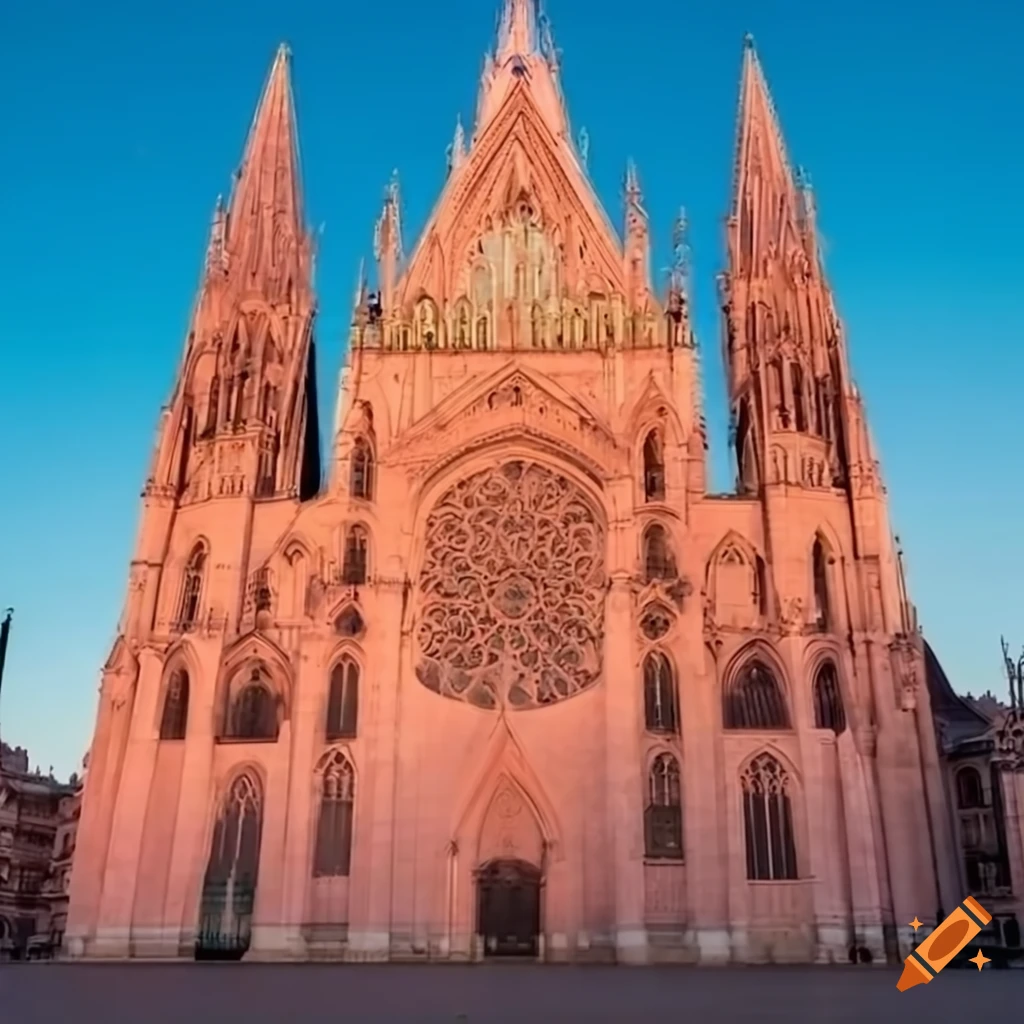 Gothic cathedral against a pink sunset in a city skyline on Craiyon