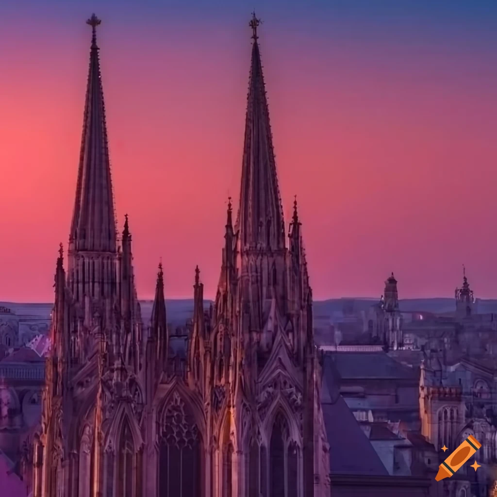 Pink sunset behind a gothic cathedral in a european city