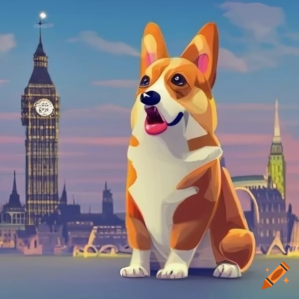 Cartoon corgis with london landmarks