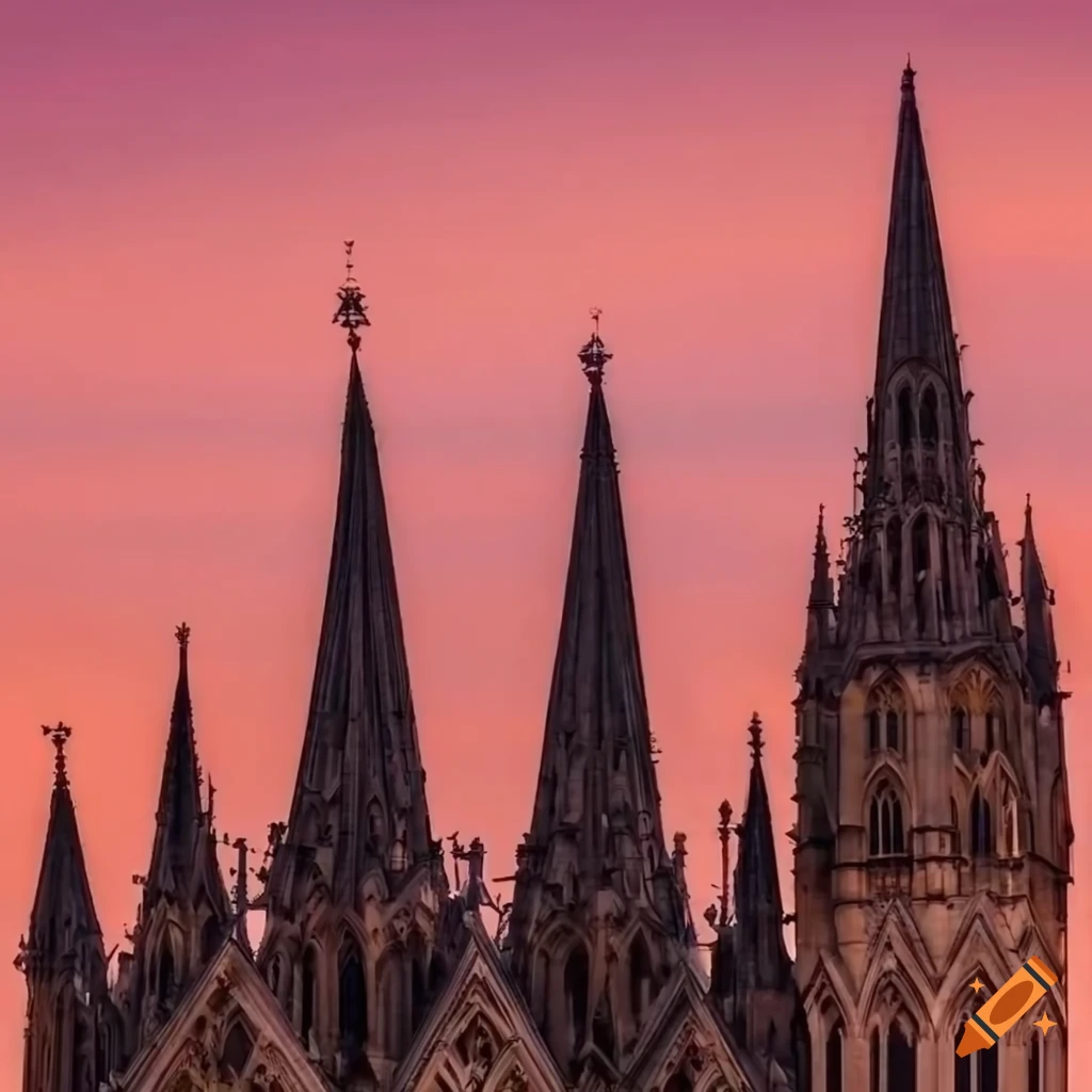 Gothic cathedral against a pink sunset in a city skyline on Craiyon