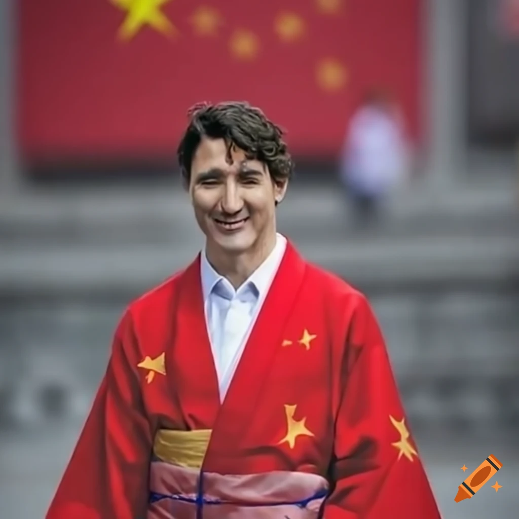 Justin Trudeau in a red kimono in front of the China flag on Craiyon