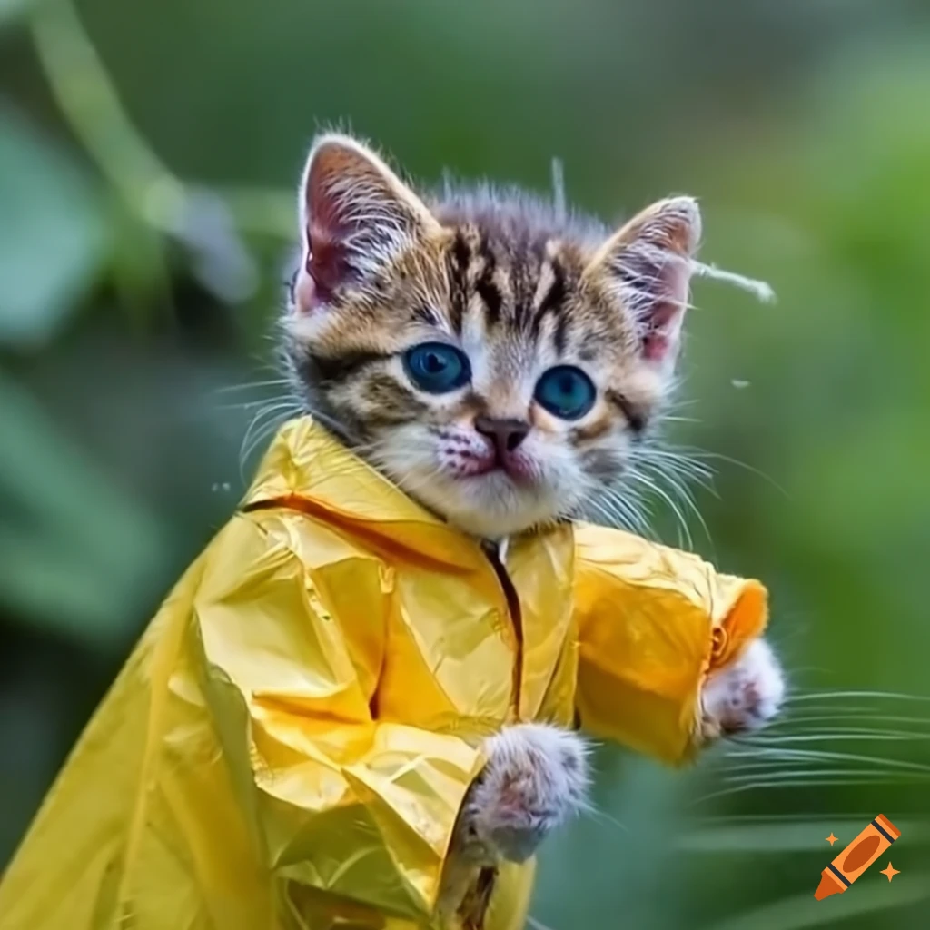 Photograph of a kitten in a yellow raincoat in the jungle on Craiyon