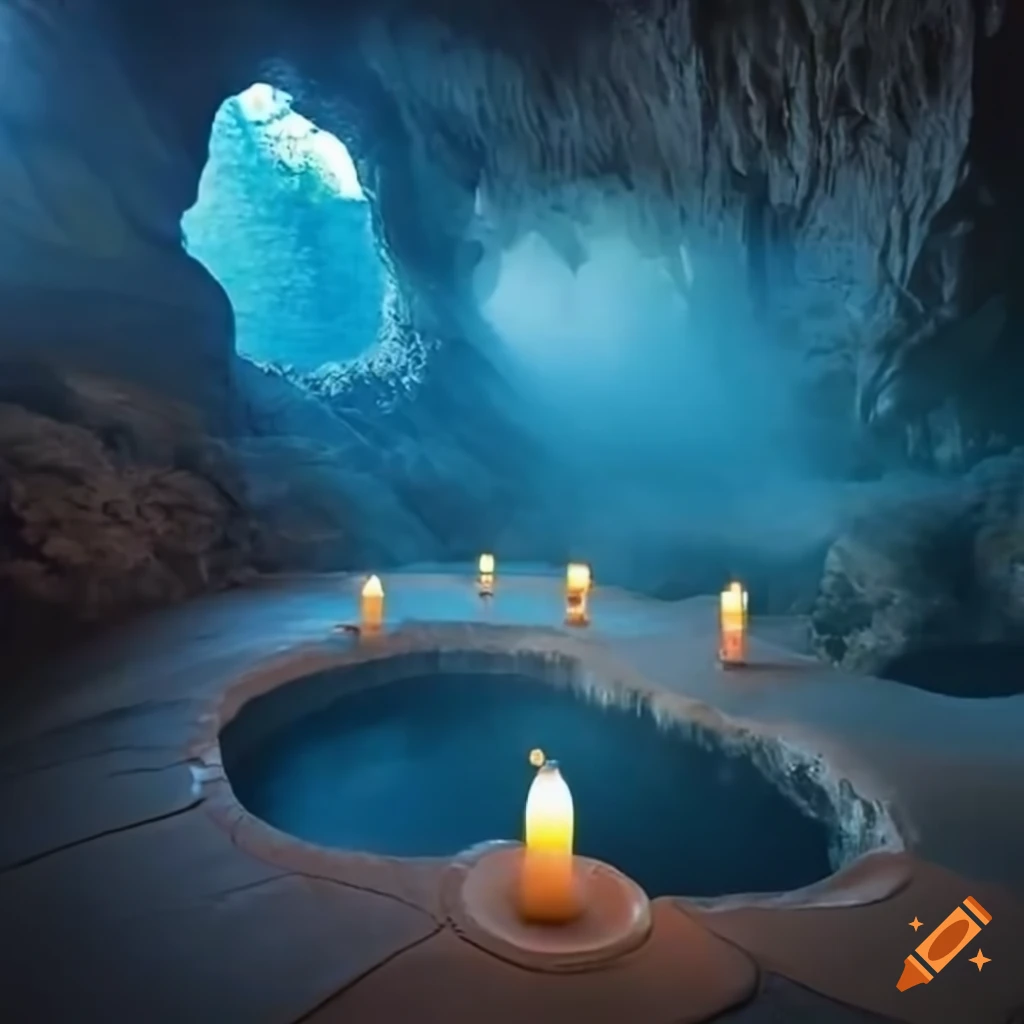 Nighttime hot spring in a cave with candles
