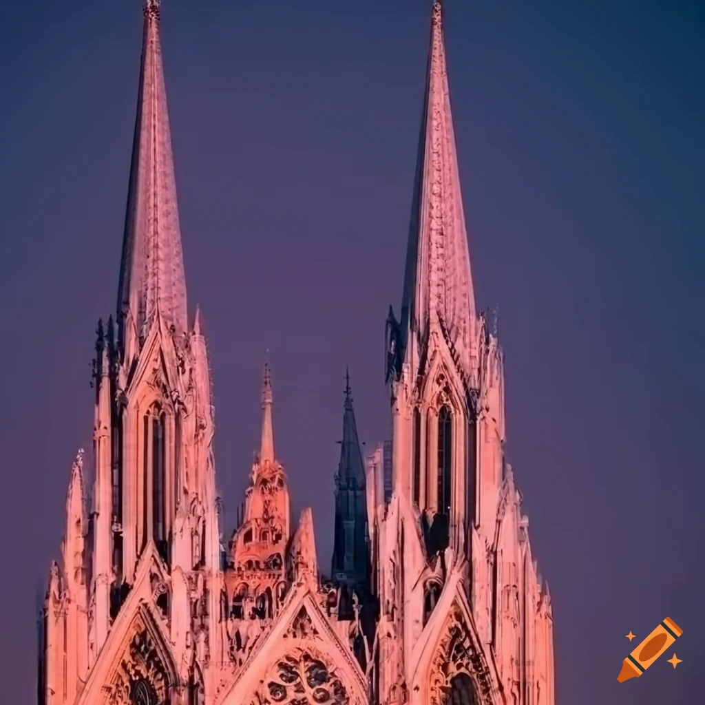 Pink sunset over a gothic cathedral in a European city on Craiyon