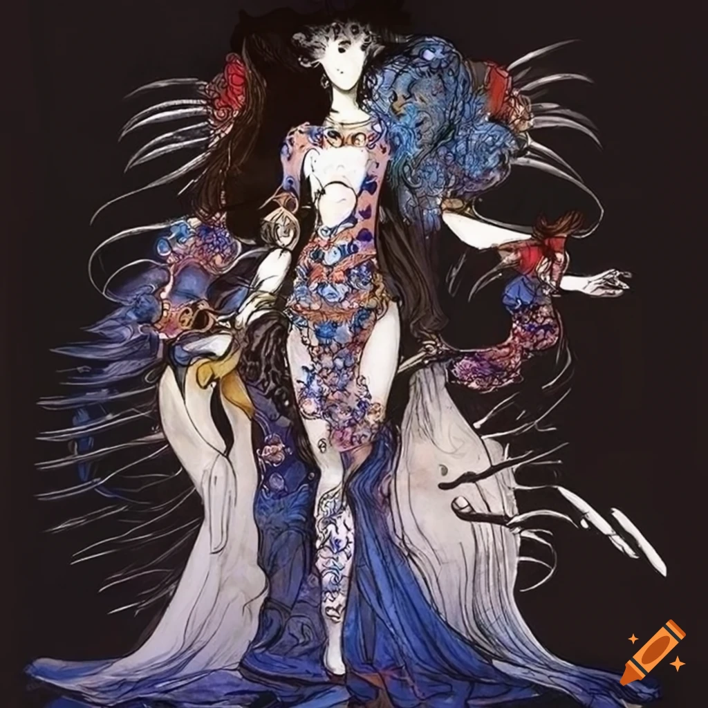 Yoshitaka amano style full-body feminine deity