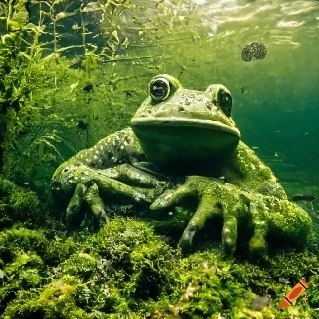 Sinister photograph of a moss-covered frog statue underwater
