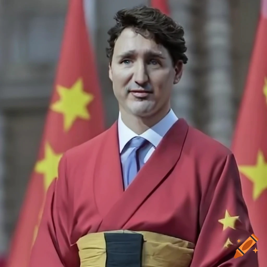 Satirical image of Justin Trudeau wearing a red kimono in front of the ...