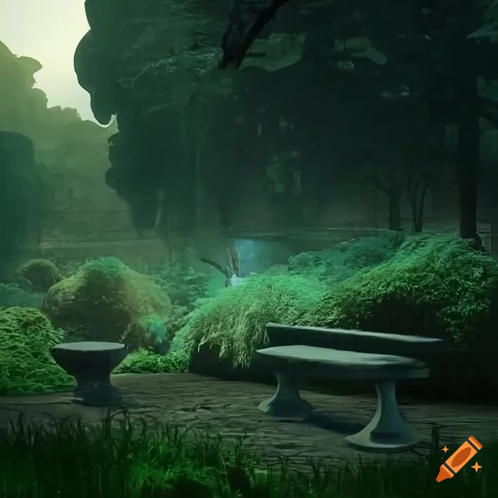 Stylistic gothic futuristic park with public benches and surreal lamps ...