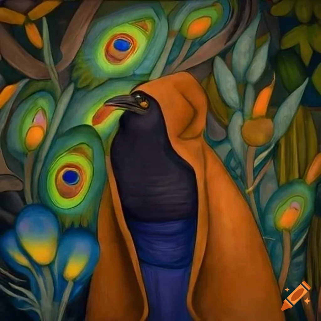Illustration of a Raven with a peacock feather cloak in a forest garden ...