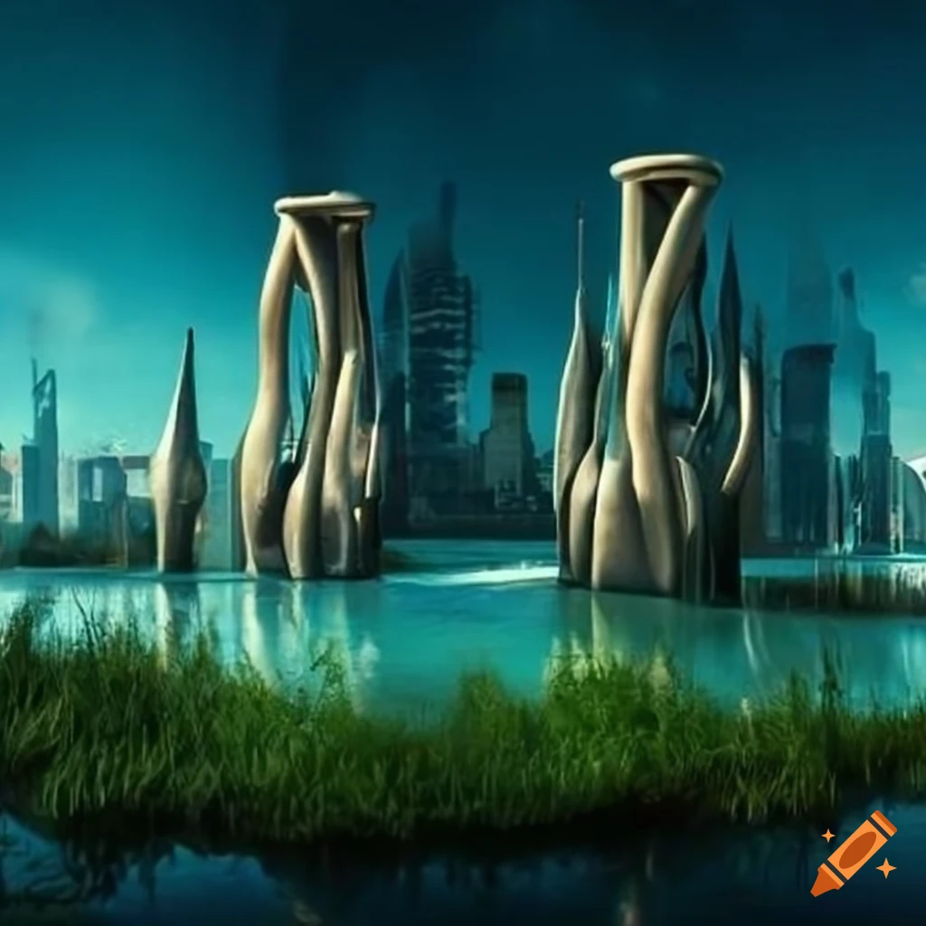 Surrealist park in a futuristic urban city on Craiyon