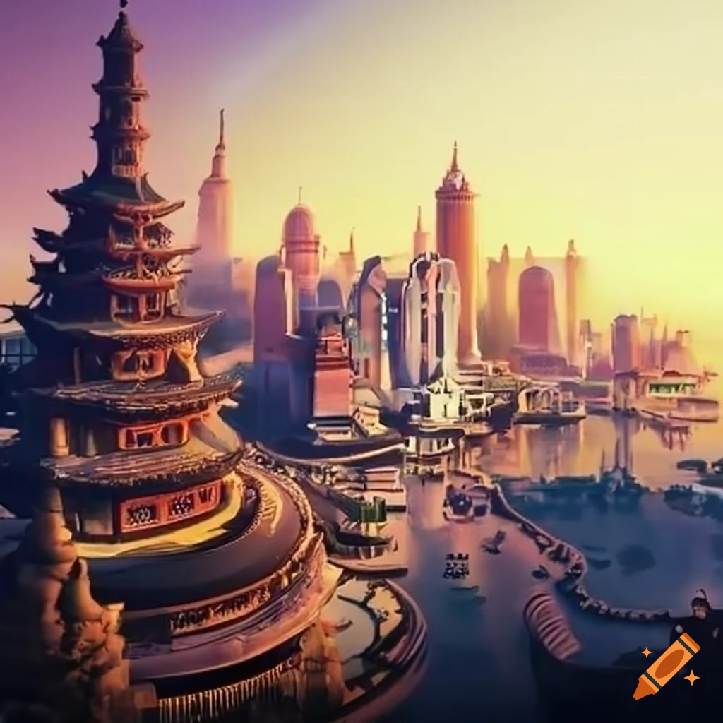 Cityscape inspired by chinese architecture on Craiyon