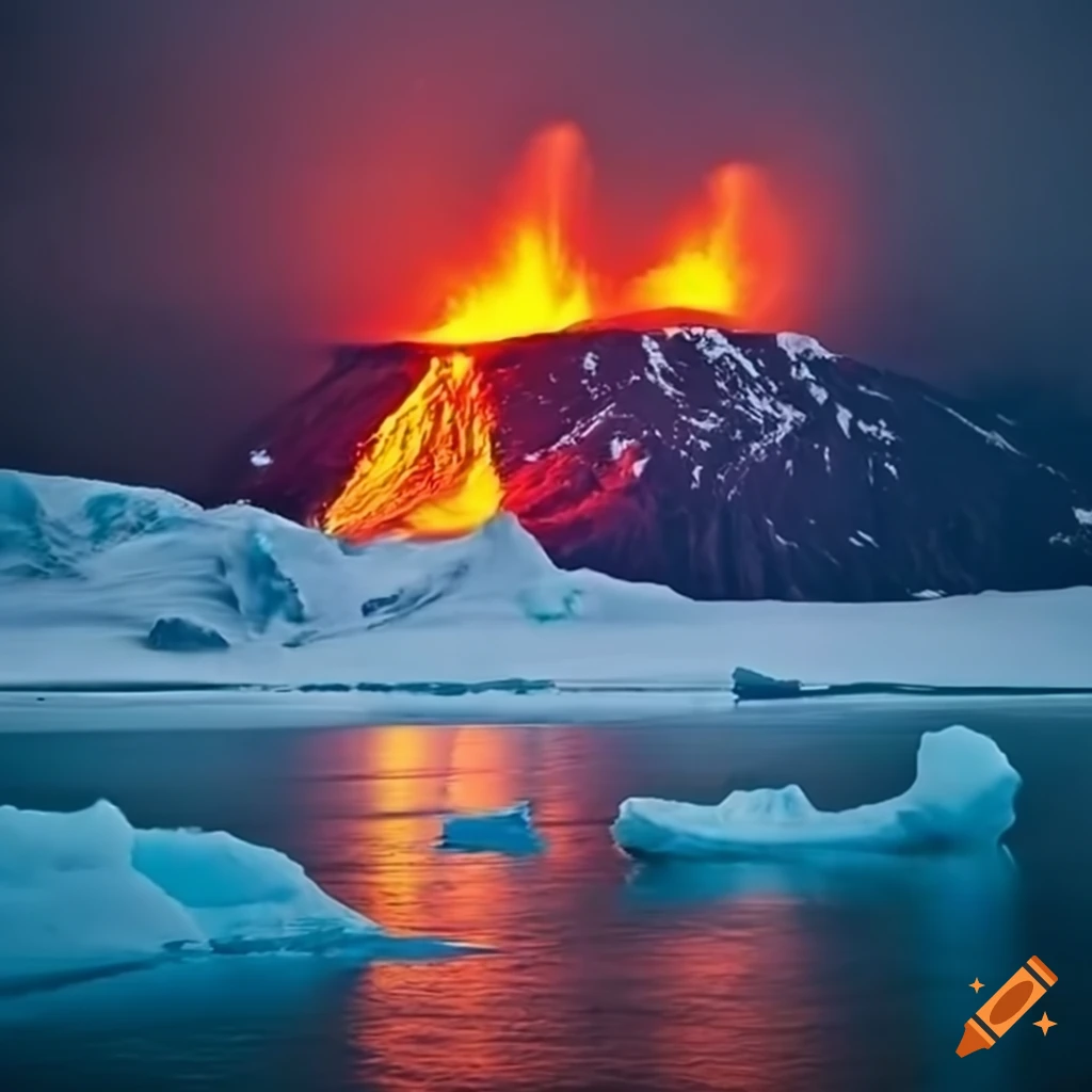 Image of a unique landscape with a volcano and antarctica combined