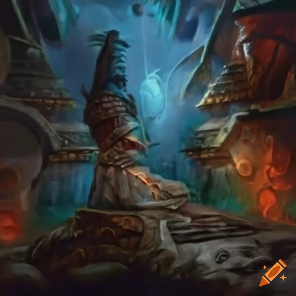 Fantasy art of a person falling into an Aztec moat on Craiyon