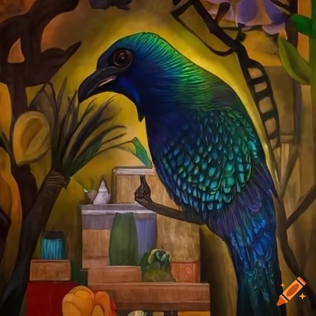 Illustration of a raven with a colorful peacock feather cloak on Craiyon