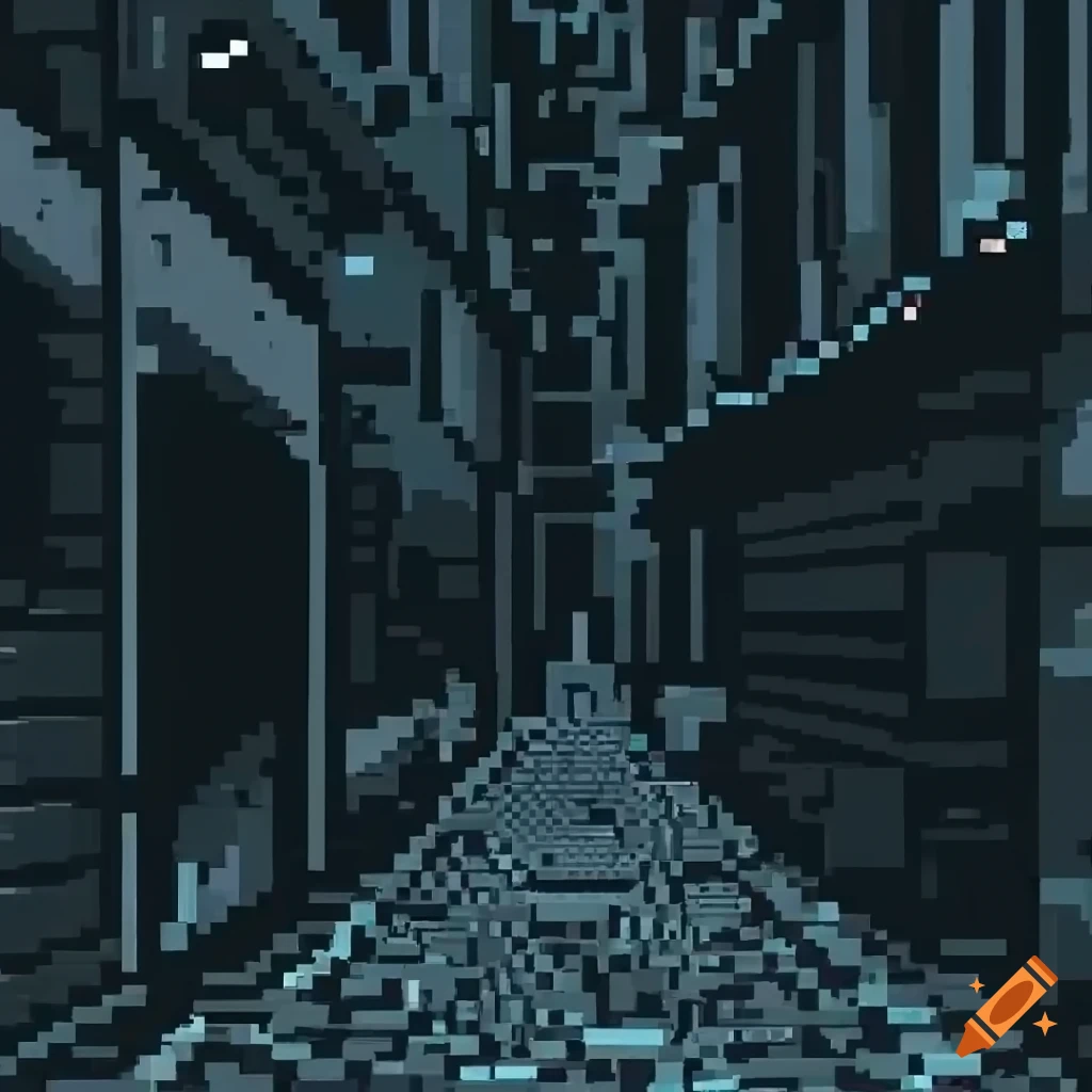 Detailed pixel art of a dark noir alleyway