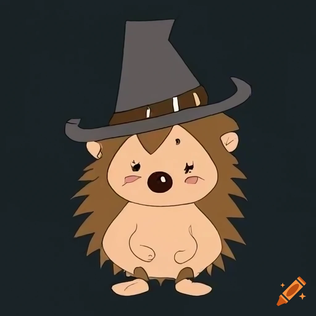 Cartoon illustration of a hedgehog with a witches hat on Craiyon