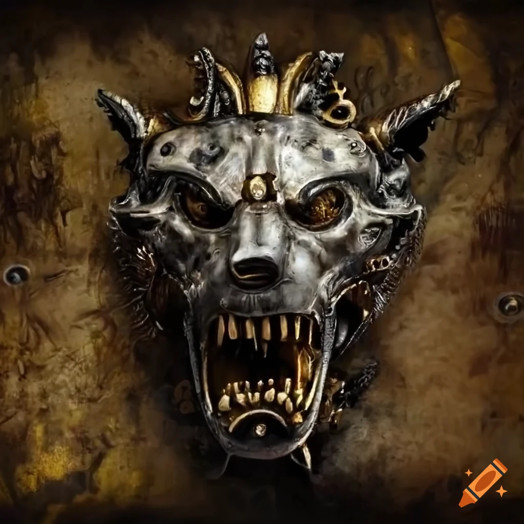Chrome babirusa steampunk death mask on metal backdrop on Craiyon