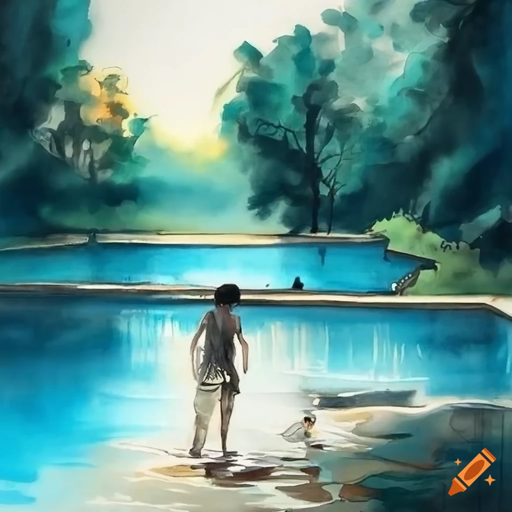 Chinese ink painting of a man enjoying backyard pools on Craiyon