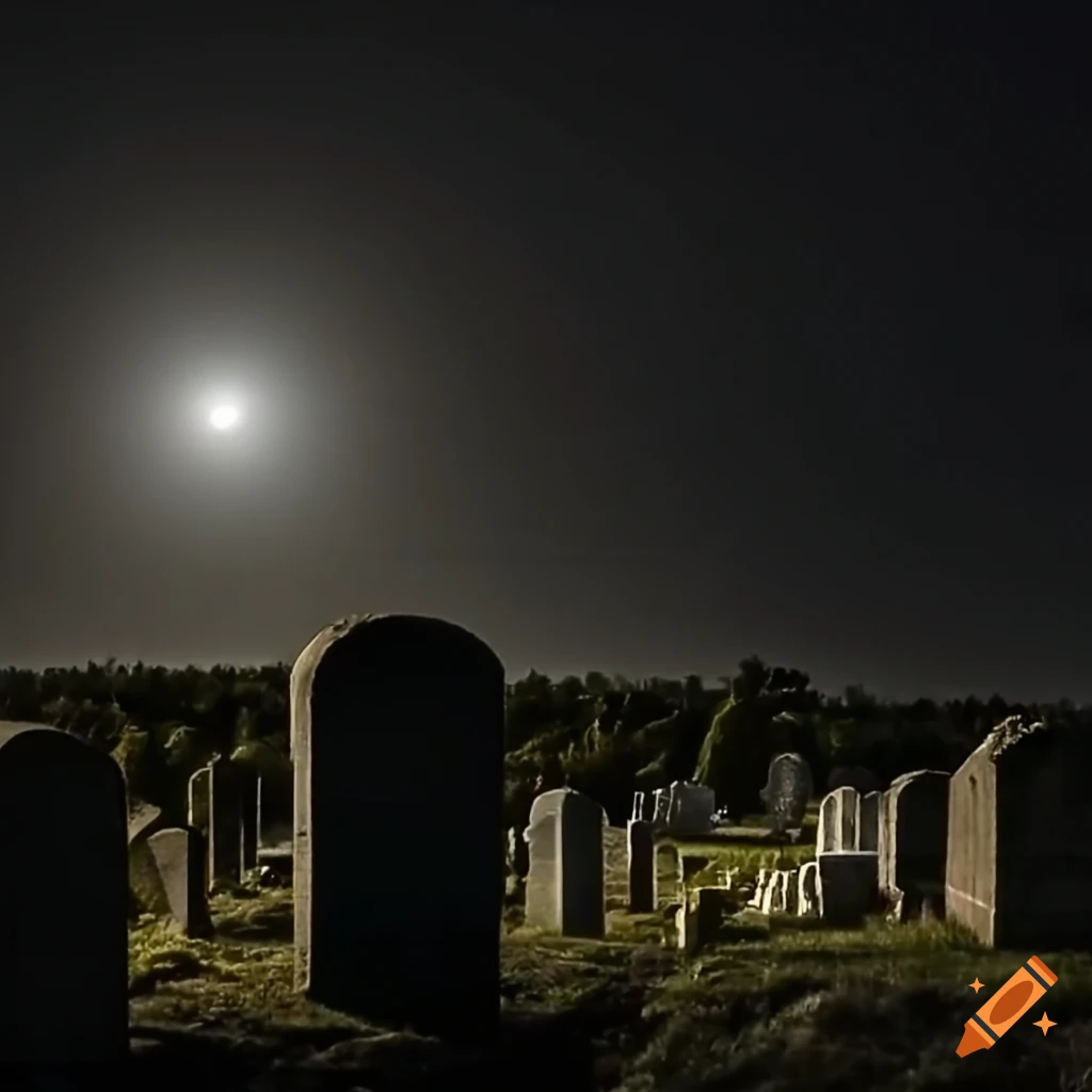 Dark and mystical scene in a cemetery under the full moon