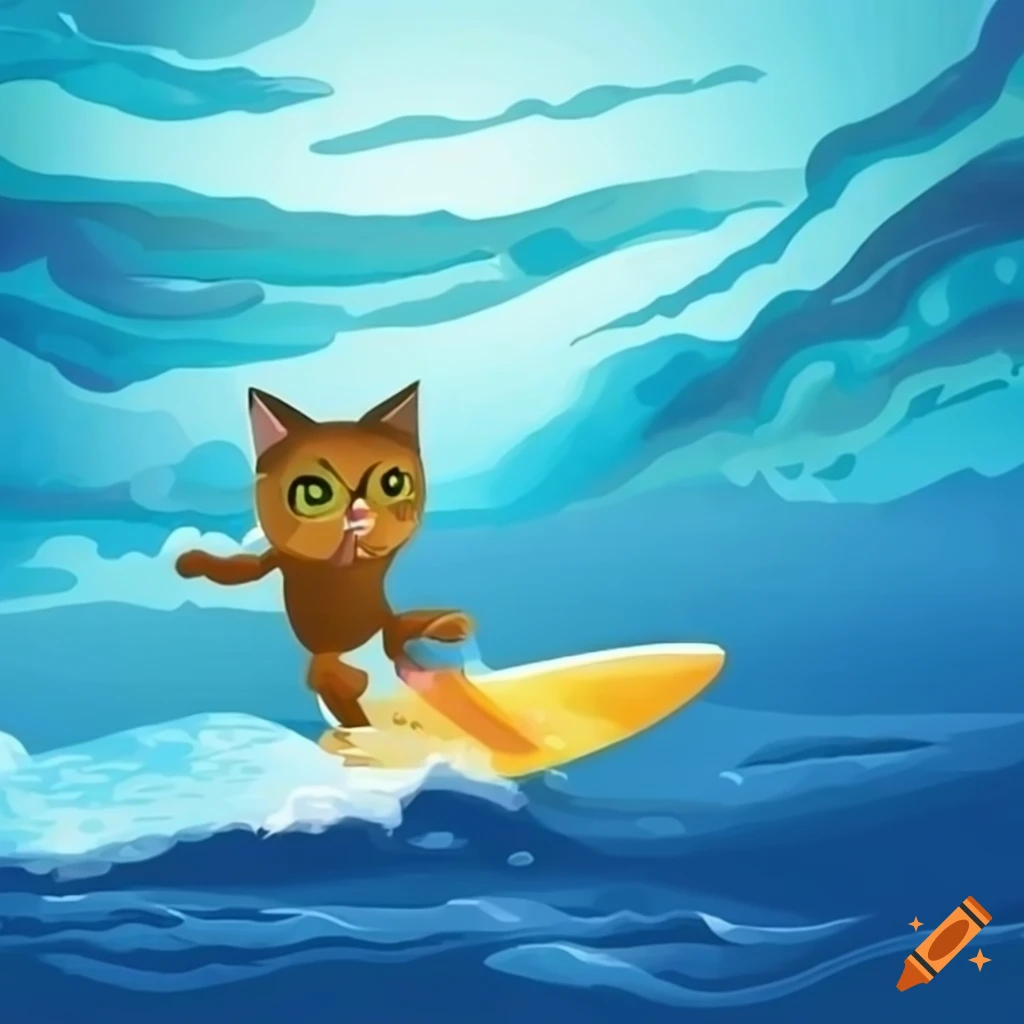 Cartoon cat riding a wave