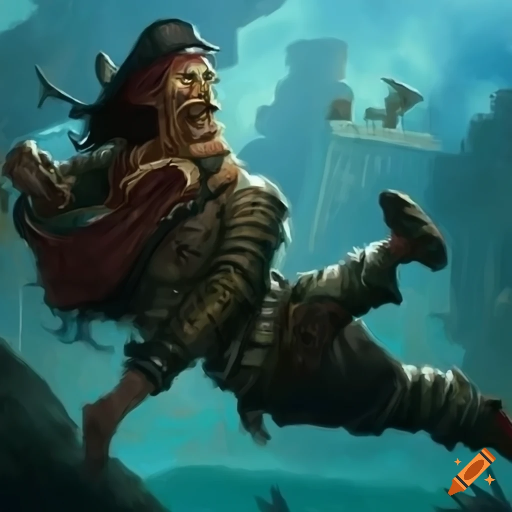 Fantasy art of a pirate falling into an aztec moat